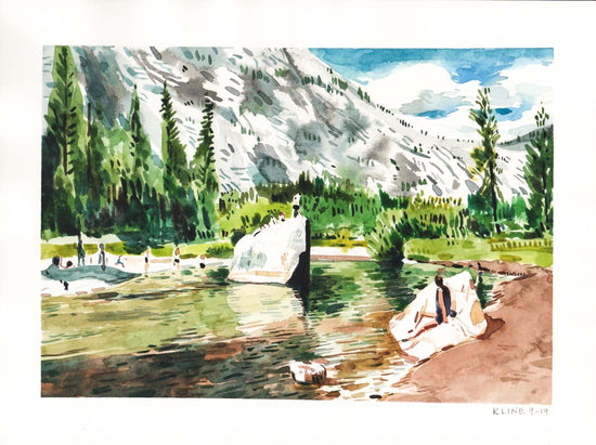 Bathers at Mirror Lake, Yosemite. Watercolor and Gouache. 12" x 9". Jo – John Kline Artwork